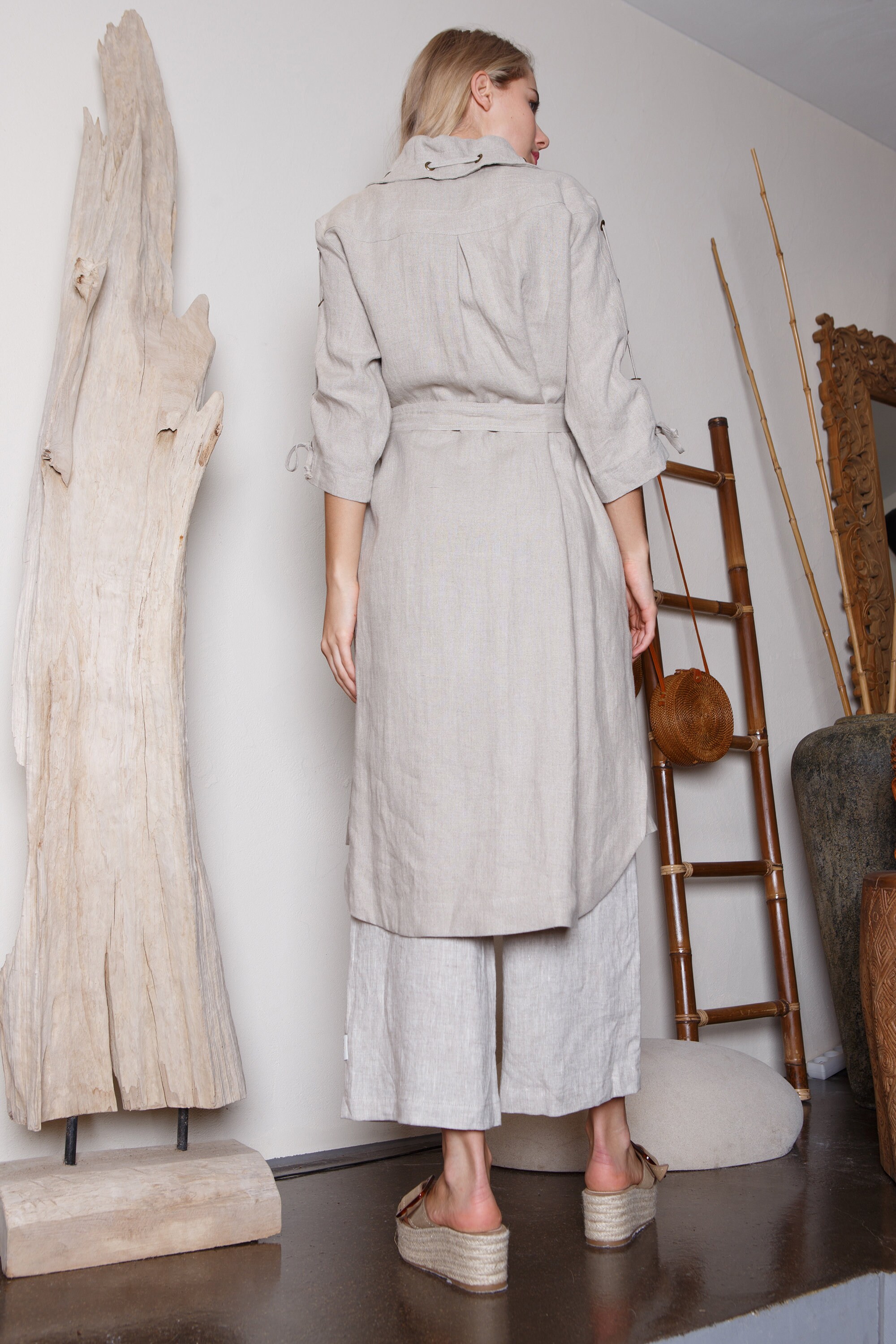 Natural Linen Coat With Strap / Long Oversize Linen Coat - Etsy