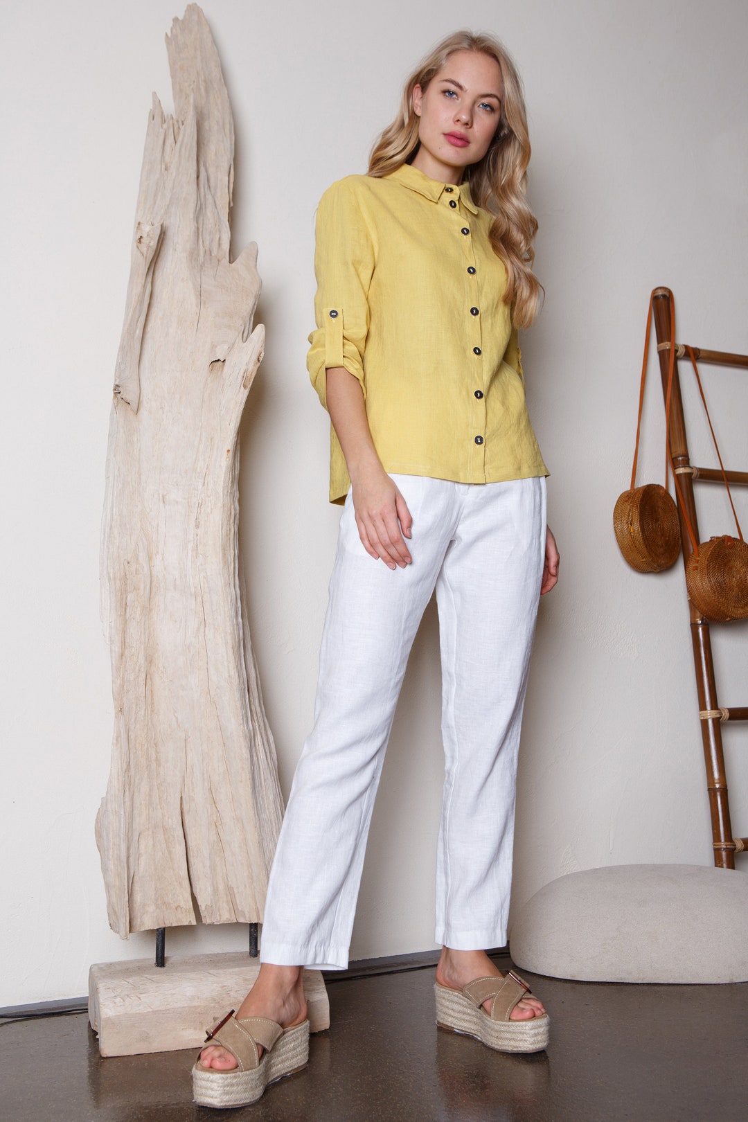 Yellow Linen Top / Yellow Linen Shirt / Yellow Linen Blouse / Stylish ...