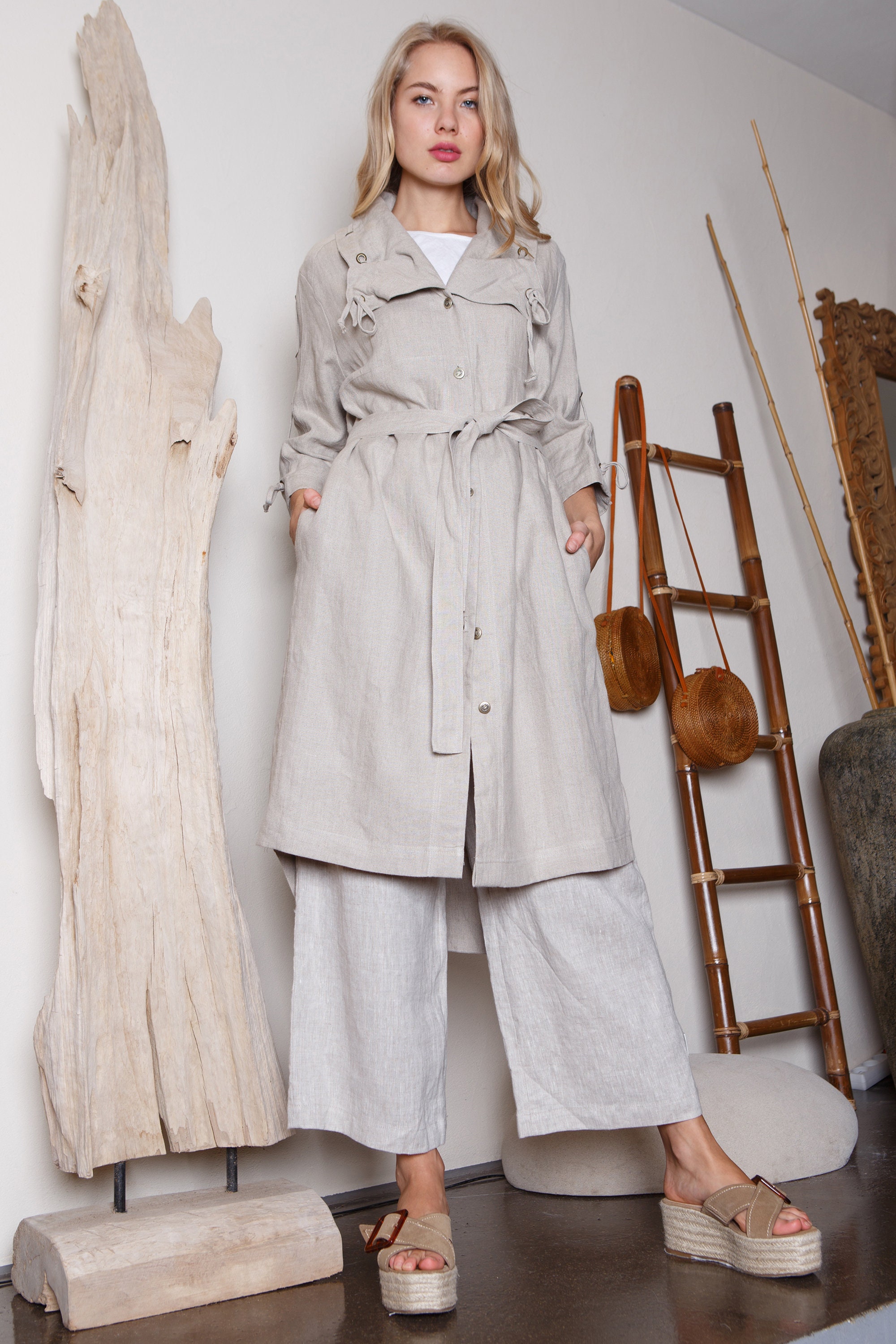 Natural Linen Coat With Strap / Long Oversize Linen Coat - Etsy