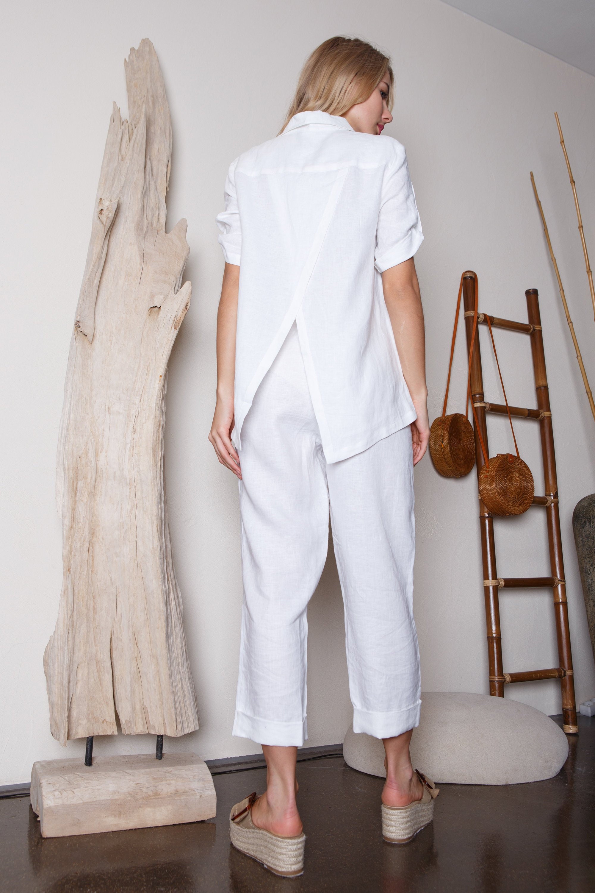 White Linen Top With Cut on the Back / White Linen Blouse / Natural ...