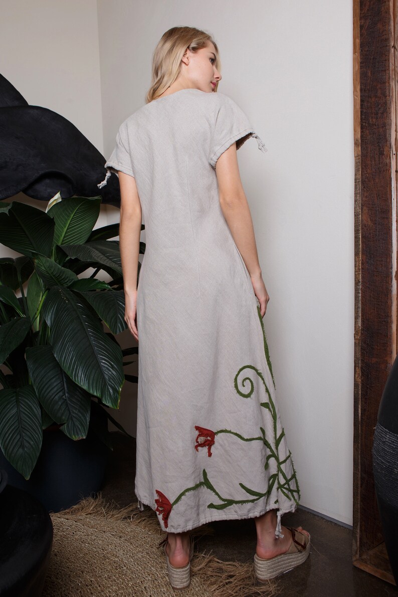 Long Beige Linen Dress / Embroidered Dress / Floral Linen Dress - Etsy