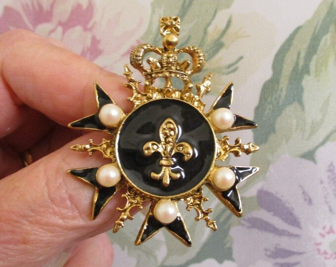DAUPLAISE French Renaissance Royal Crest Brooch ~ VINTAGE Black Enamel ...