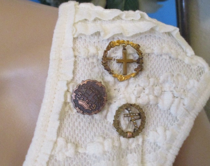 ANTIQUE Religious Pin Lot 3 Gold Plate Brass Seed Pearl Christian ...