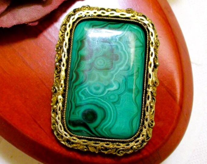 ART DECO Chinese Export Malachite Gold Dress Clip ~ CANNETILLE Gemstone Convertible Dress Clip ...