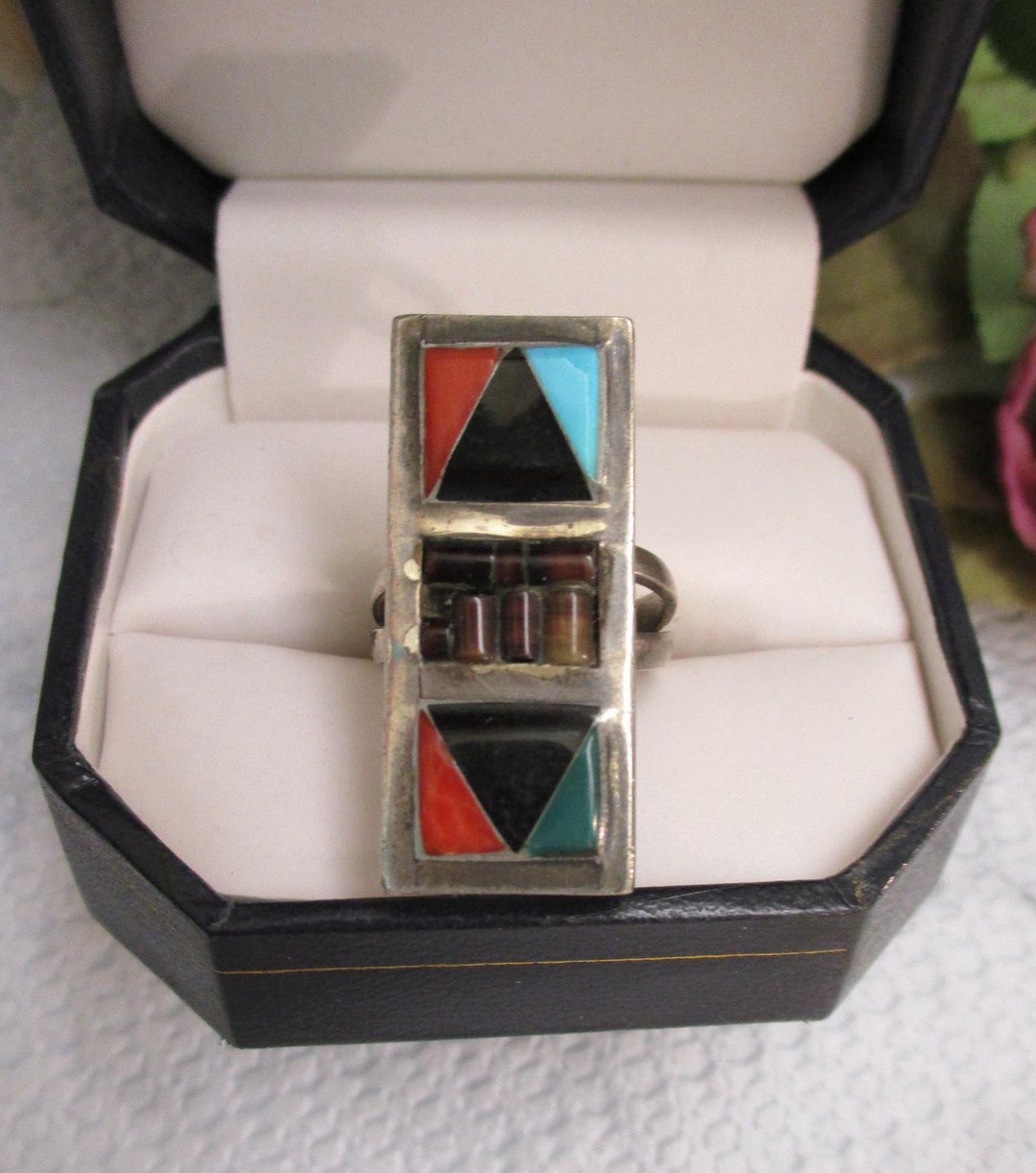 LASELUTE ZUNI Sterling Gemstone Ring ~ VINTAGE Master Silversmith Onyx ...