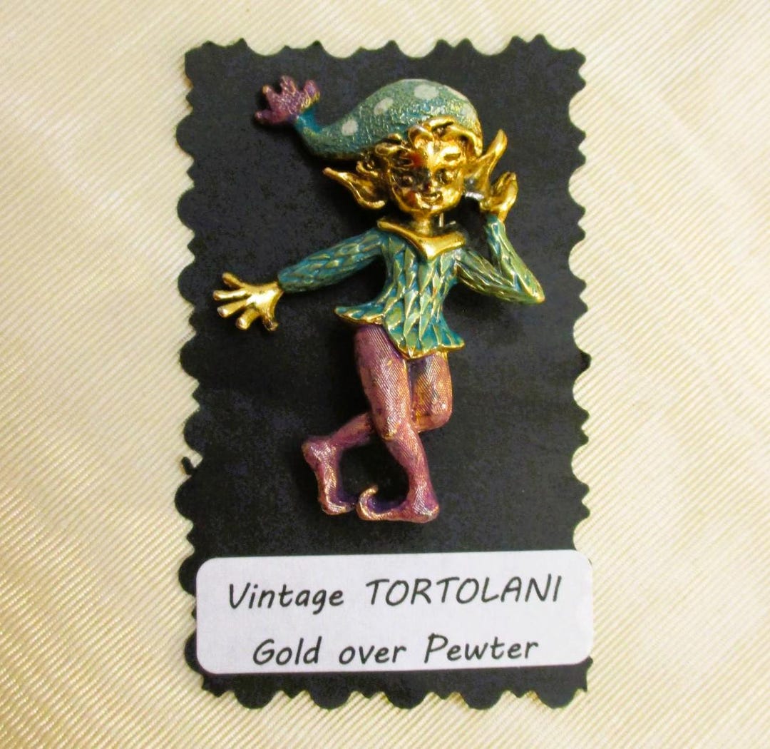 TORTOLANI 24KGP Enamel Pixie Elf Brooch DESIGNER Teal Plum Gold Figural ...