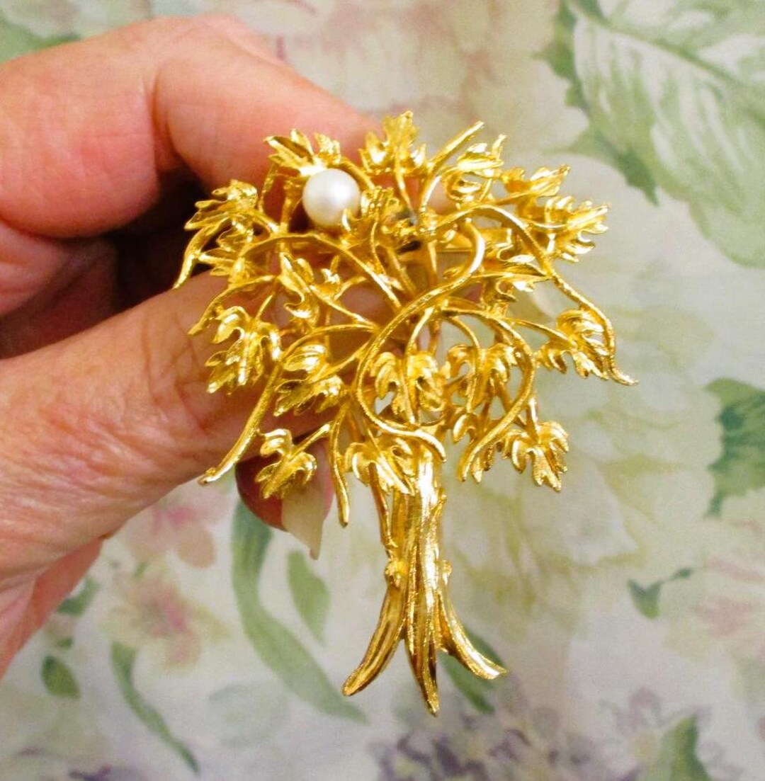 VINTAGE Tree of Life Pearl Gold Brooch ~ Family Tree Gold Plate Pearl ...