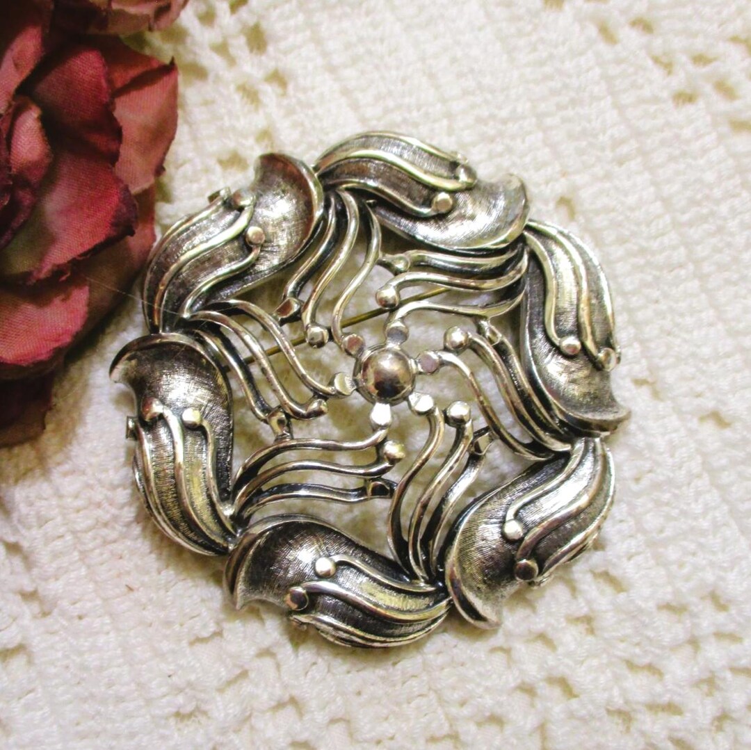 Large TORTOLANI Swirl Statement Brooch: Sterling Silver Over Pewter ...