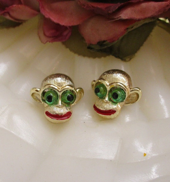 Vintage Monkey Chimpanzee Brooch Pin Gold Tone Rhines… - Gem