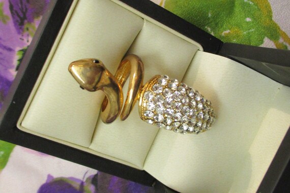 Rhinestone Gold SNAKE Ring ~ VINTAGE Crystal Rhinesto… - Gem