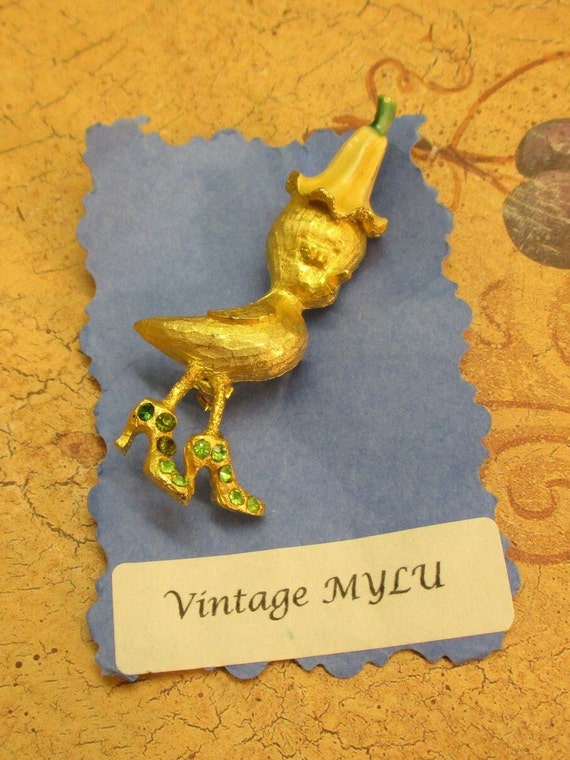 Rare MYLU Gold Plate Chick Brooch ~ VINTAGE Baby Chic… - Gem