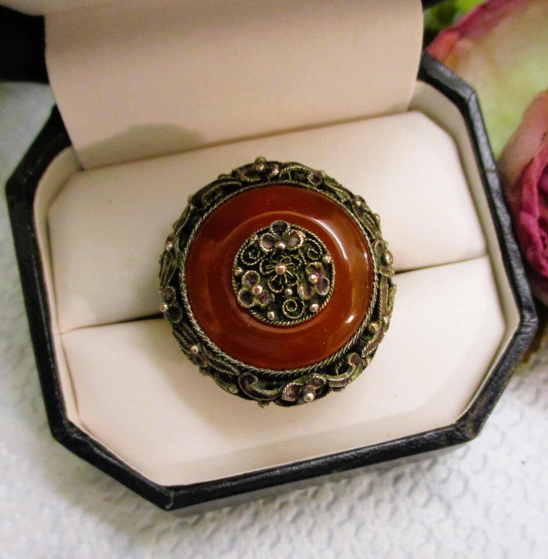 Estate CARNELIAN Silver Chinese Export Ring~ VINTAGE Chinese Floral ...