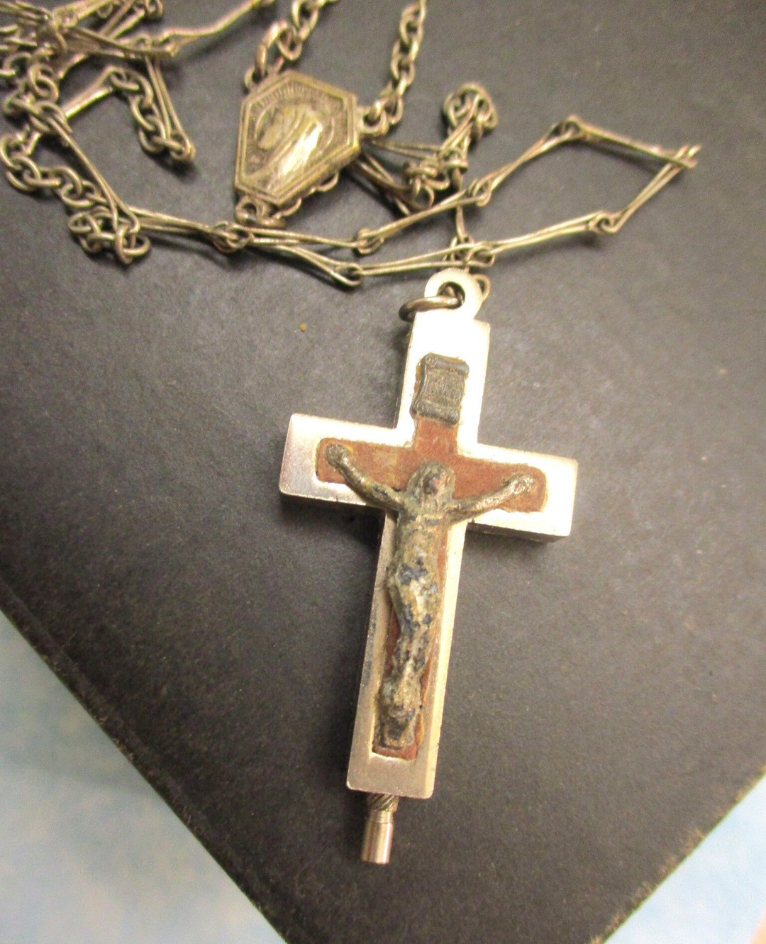 Vintage Italian RELIQUARY CRUCIFIX Pendant Necklace Wood Silver Rome ...