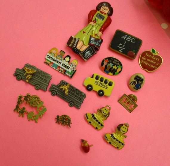 VINTAGE Teacher School Bus Brooch Pin Lot~ 15 Piece S… - Gem