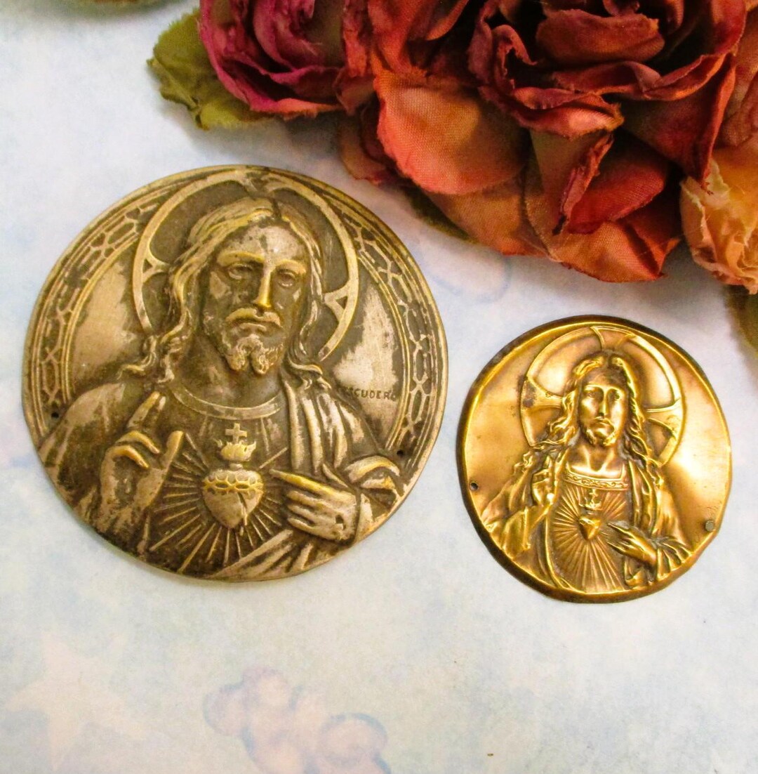 ANTIQUE VINTAGE Most Sacred Heart of Jesus Plaque Lot~ French Religious ...