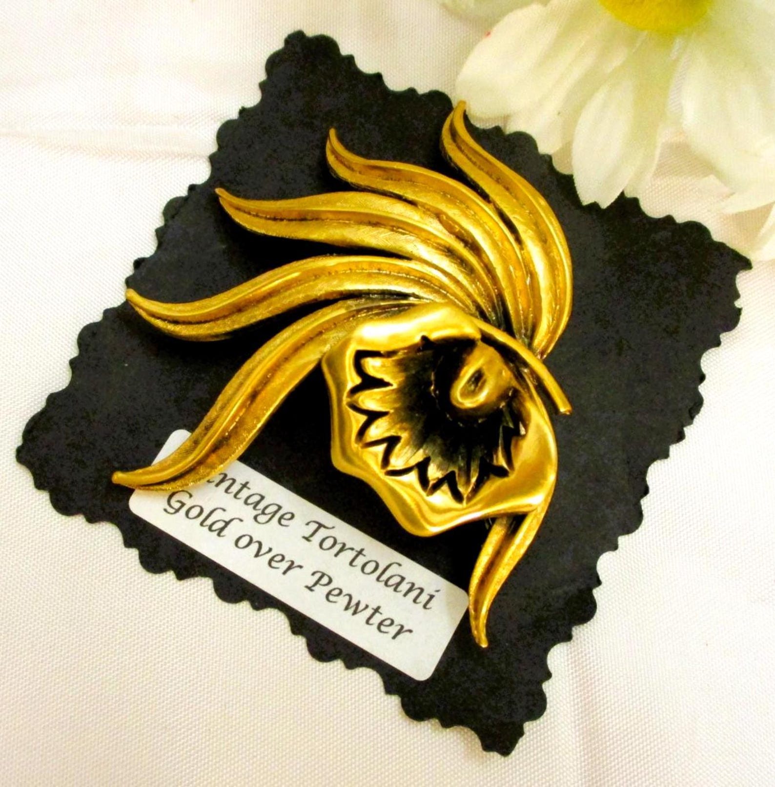 Vintage TORTOLANI Floral Brooch: 24K Gold Plated Flower & Leaf Jewelry ...