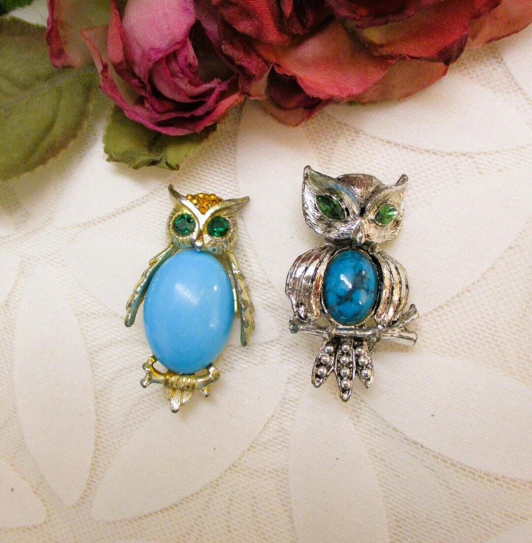 VINTAGE Lucite Belly Owl Brooch Lot Silver Turquoise Cabochon Green ...