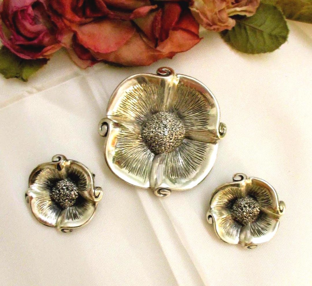 Vintage TORTOLANI Silver Poppy Jewelry Set: Sterling Over Pewter Brooch ...