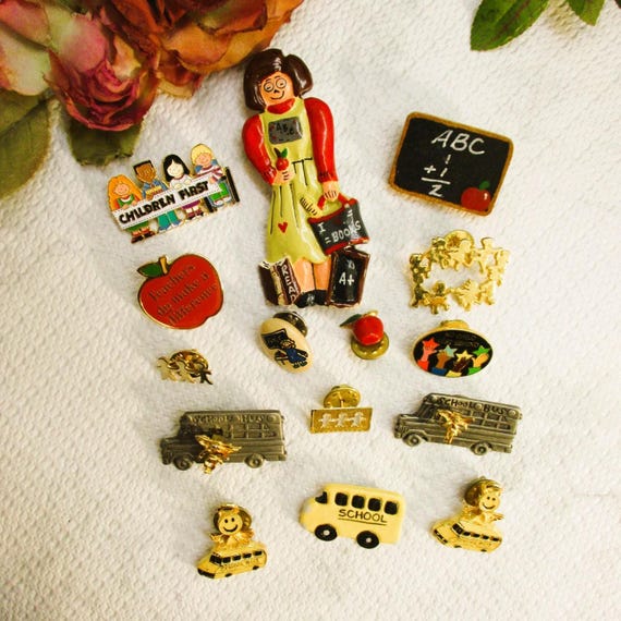 VINTAGE Teacher School Bus Brooch Pin Lot~ 15 Piece S… - Gem