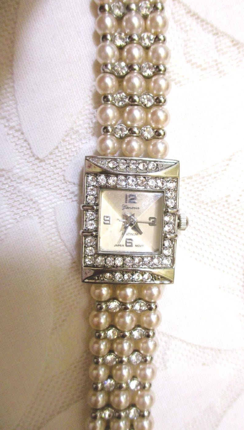 Vintage GENEVA PLATINUM Art Deco Style Faux Pearl & Rhinestone Women’s ...