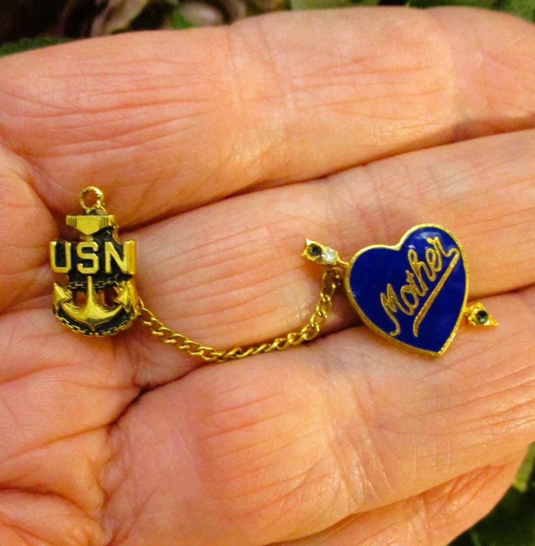 VIETNAM US Navy Mother Chained Heart Pin Vintage Gold Blue Son in ...
