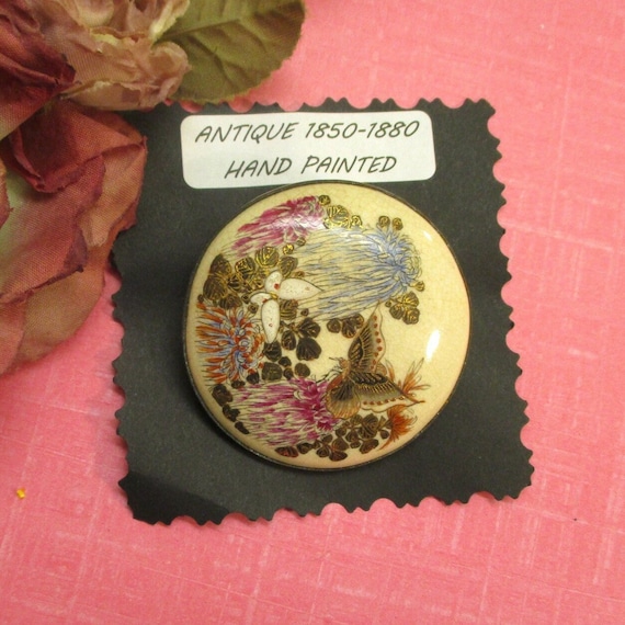Antique SATSUMA Handpainted Large Button Brooch ~ Ear… - Gem