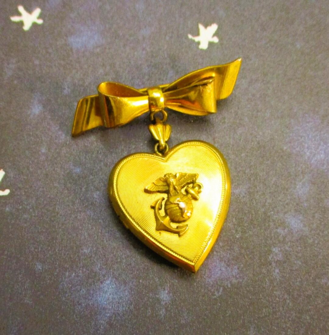 WWII US Marine Corps Insignia 12KGF Heart Locket Brooch Vintage Marine ...
