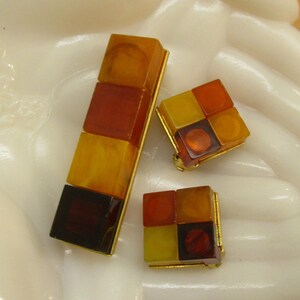 AMBER Modernist Cube Gold Jewelry Set Reconstituted Amber Matte Gold Cube Brooch Clip Earrings ...