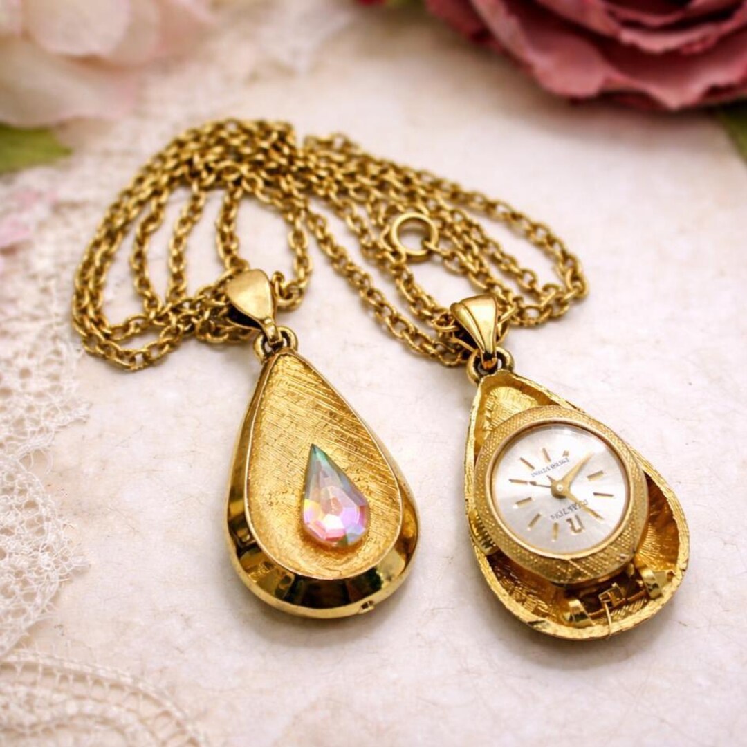 Vintage CLINTON Teardrop Watch Necklace: Aurora Borealis, Crystal 17 ...