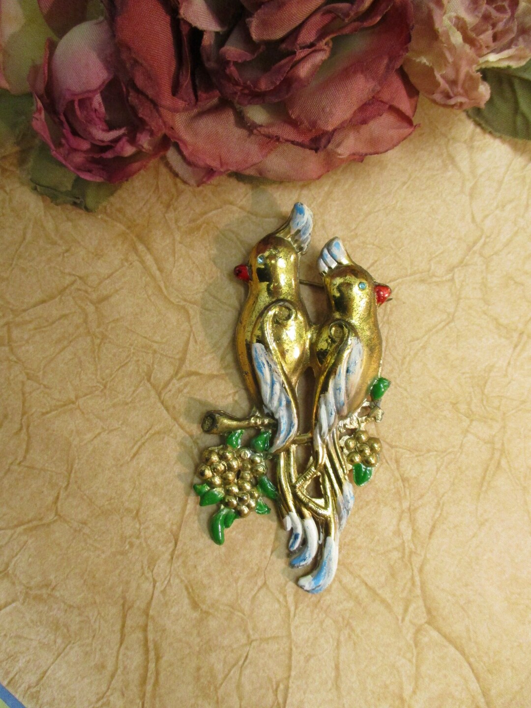 VINTAGE Cockatiel Bird Duo Brooch ~ 1940 Gold Gilt Pot Metal Rhinestone ...