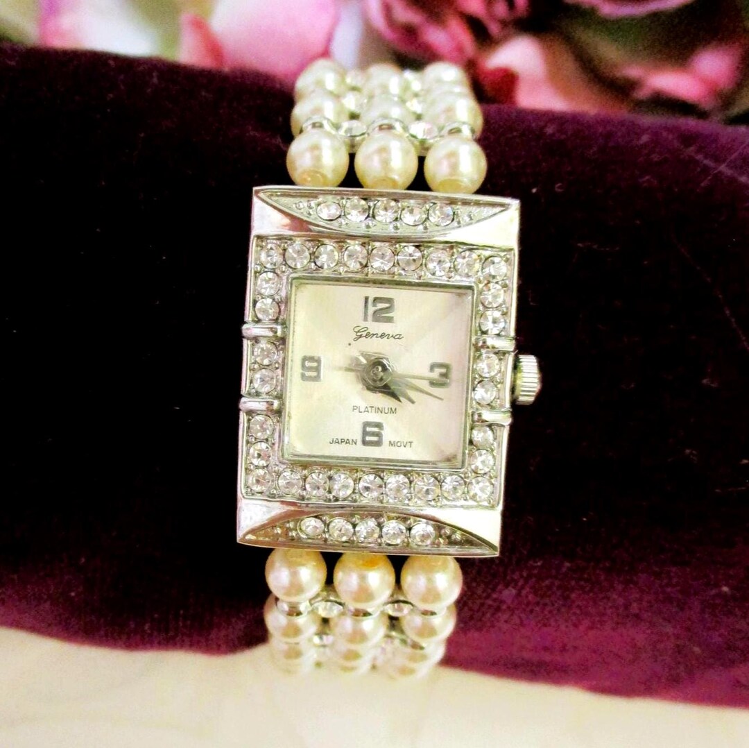 Vintage GENEVA PLATINUM Art Deco Style Faux Pearl & Rhinestone Women’s ...