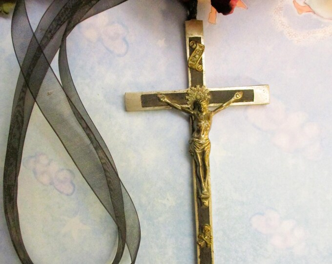 1880s PECTORAL CRUCIFIX Germany ~ ANTIQUE Ebony Wood Silver Religious ...