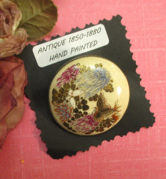 Antique SATSUMA Handpainted Large Button Brooch ~ Ear… - Gem
