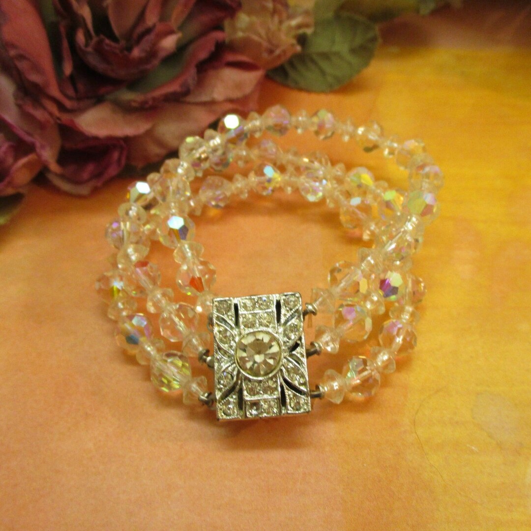 VINTAGE AB Crystal Bead Rhinestone Silver Bracelet Three Strand Aurora Borealis Bead Box Clasp ...
