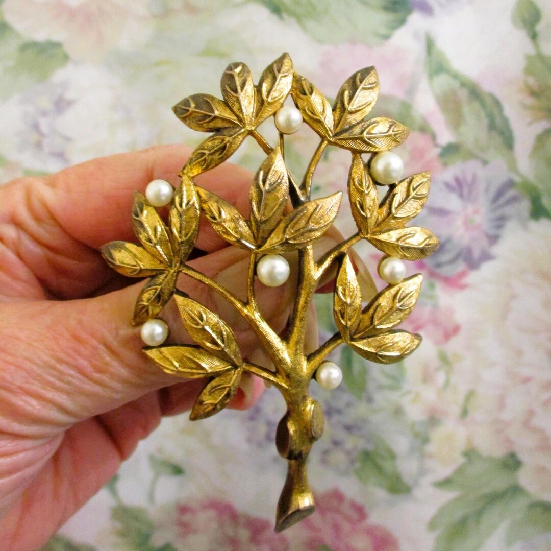 TORTOLANI Fruit Tree Brooch: 24K Gold Over Pewter Faux Pearl ~ DESIGNER ...
