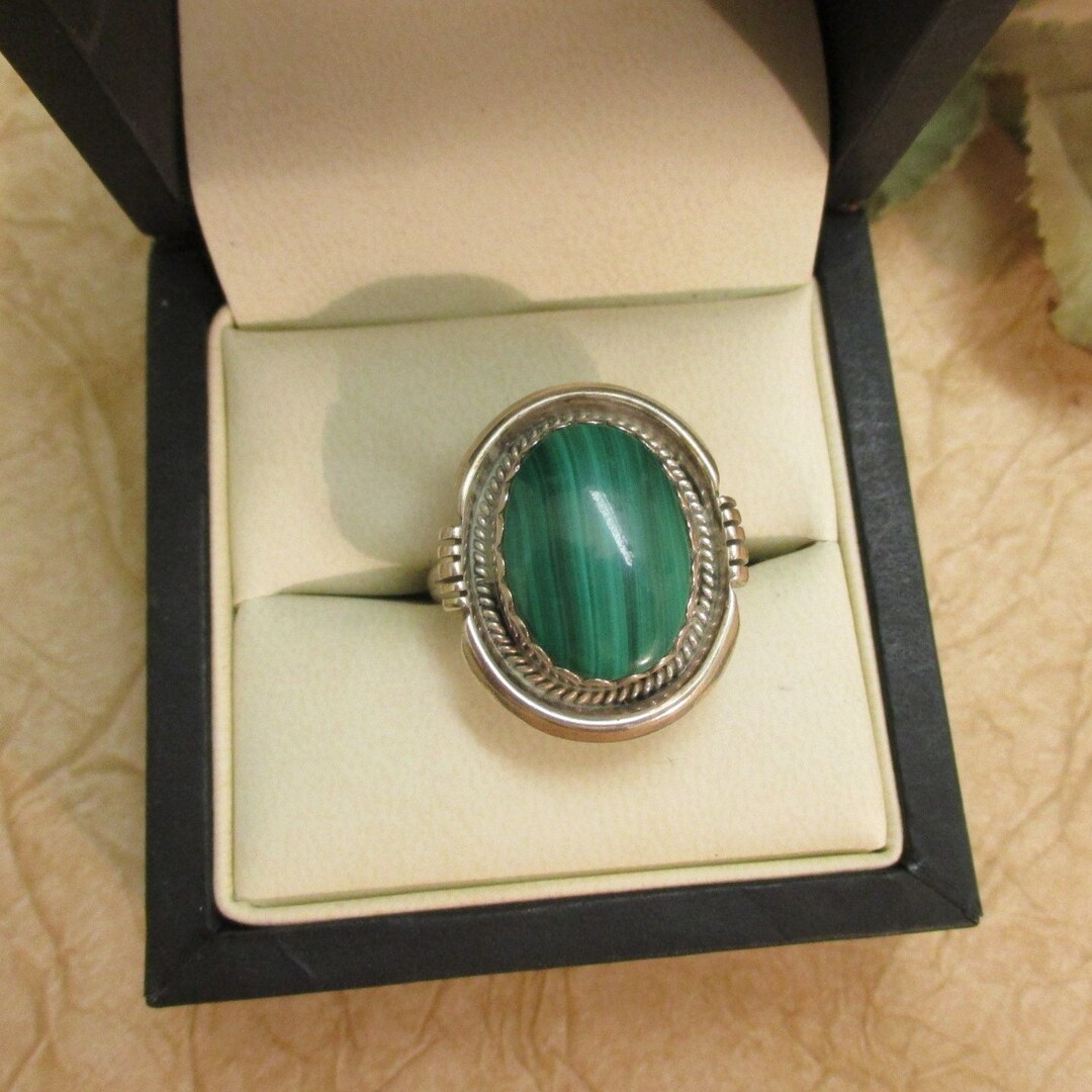 STERLING SILVER MALACHITE Statement Ring Signed 925 Gemstone Israel Ring Artisan Malachite ...