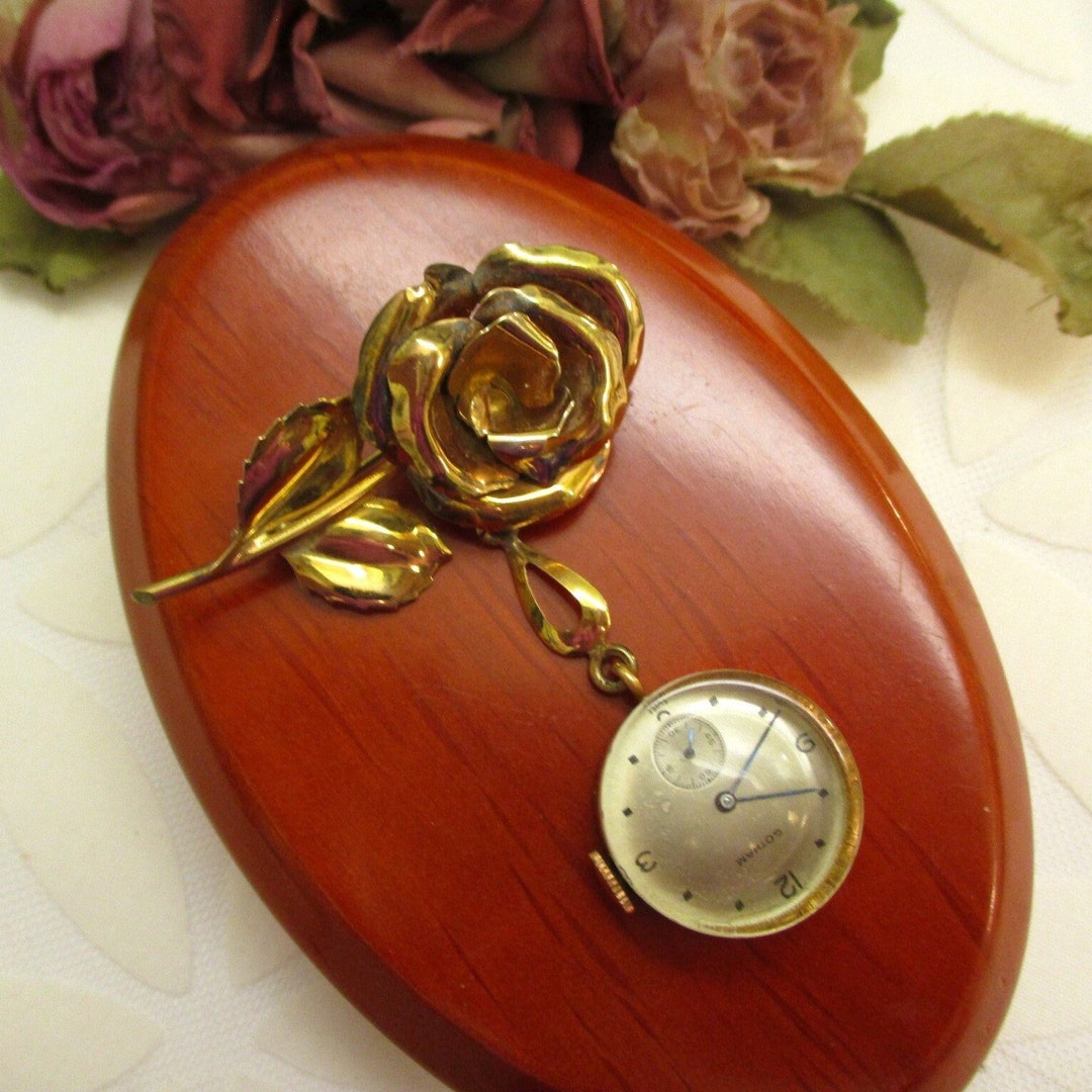 GOTHAM Gold Fill Swiss Watch Flower Pendant Brooch VINTAGE Floral ...