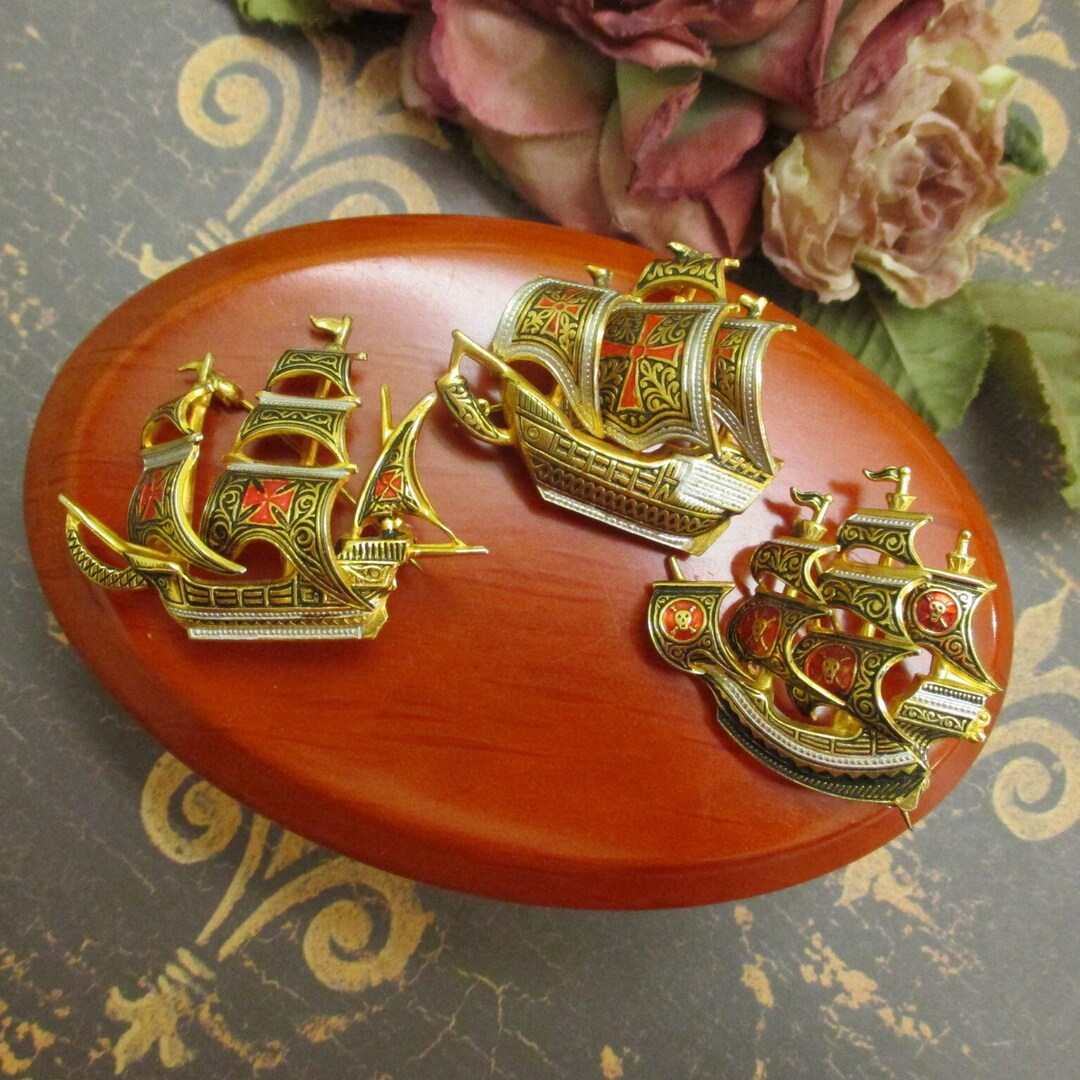 Spanish DAMASCENE Galleon Ship Brooch Lot~vintage Toledo Damascene ...