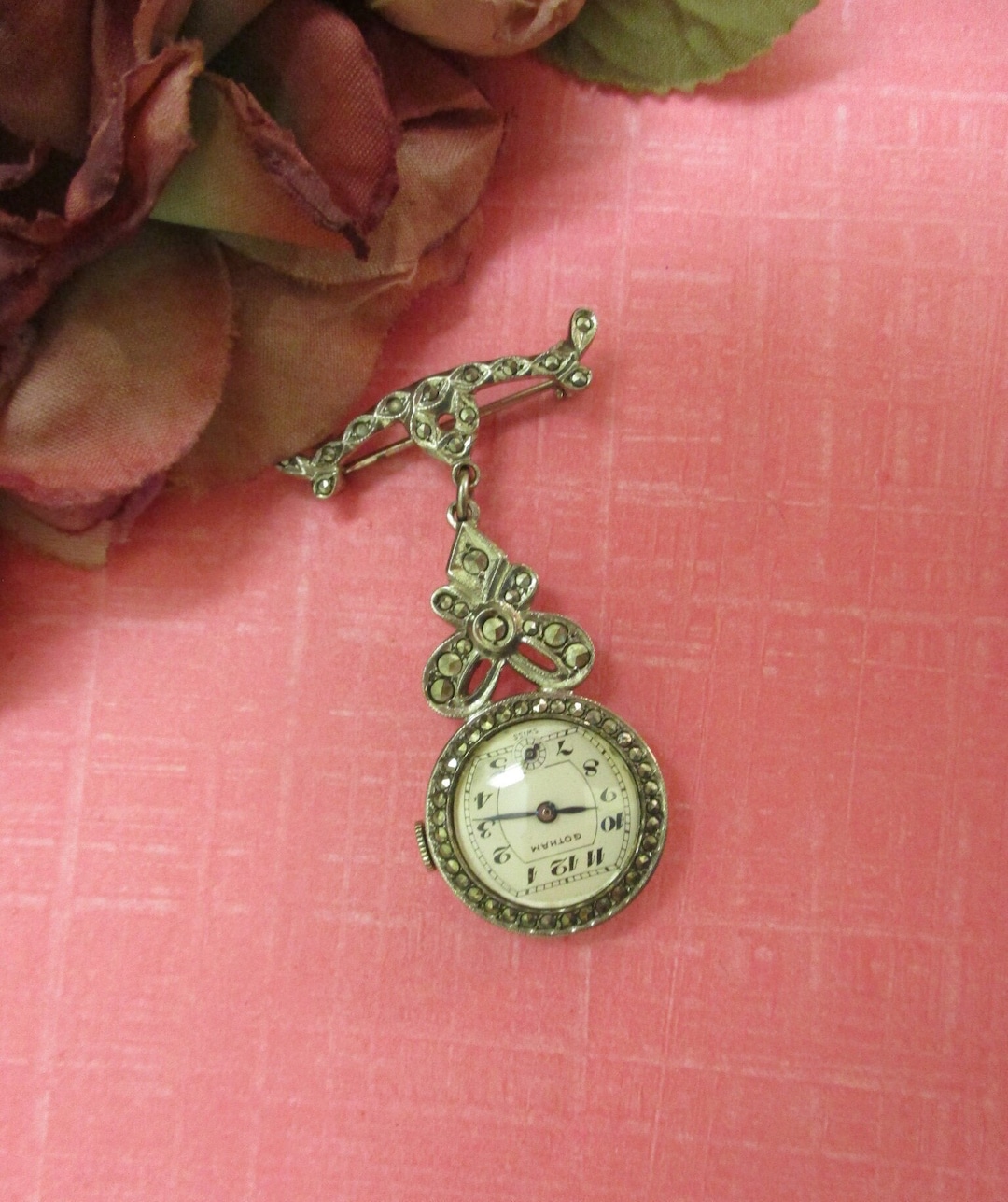 GOTHAM Swiss Sterling Marcasite Watch Pendant Brooch 1940s Silver ...