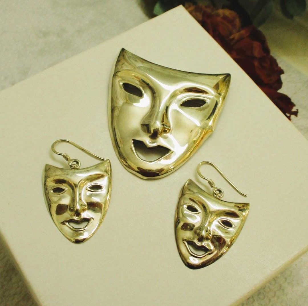 VINTAGE Sterling Silver Mask Face Jewelry Set ~ Convertible STERLING ...