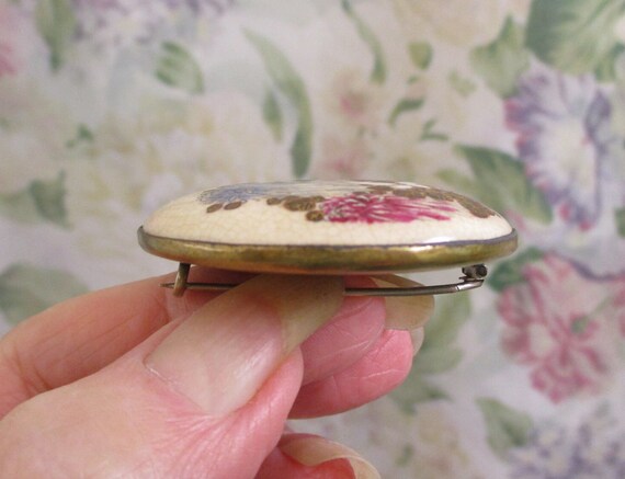 Antique SATSUMA Handpainted Large Button Brooch ~ Ear… - Gem