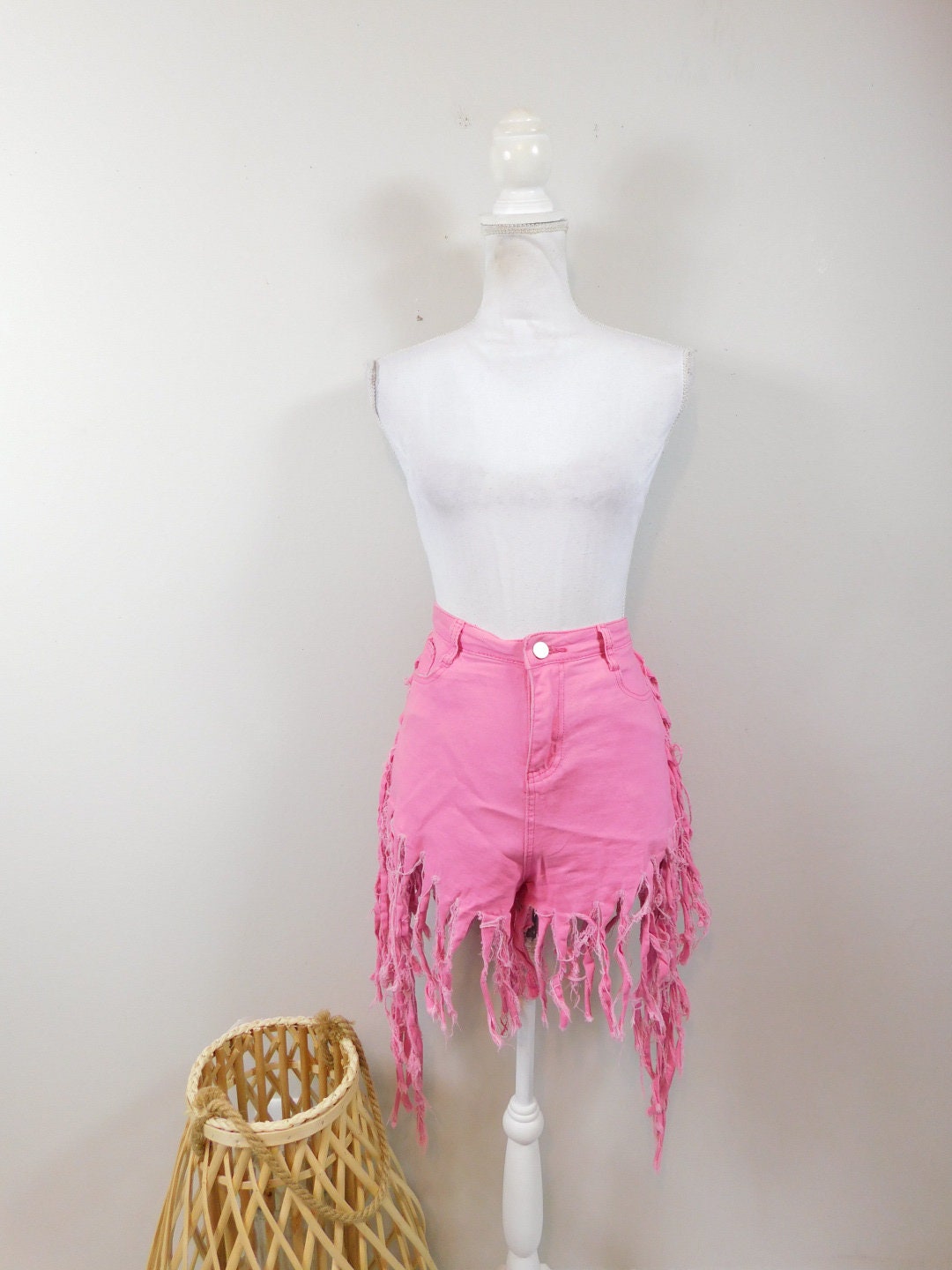 Vintage 00s Hot Pink Denim Cut off Stretch High Waist Side Fringed ...