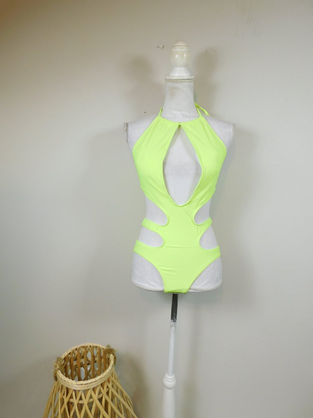 Vintage 00s Neon Green Cut Out Sides Halter Top Neck One Piece Minimal ...