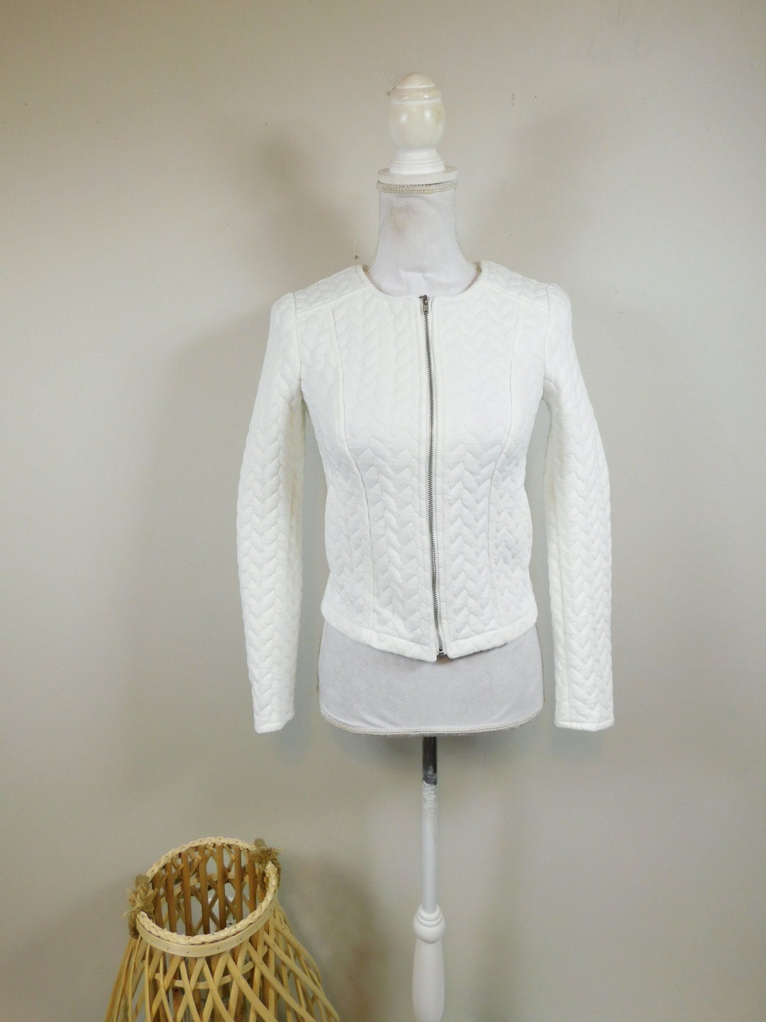 Vintage 00s Bright White Quilted Diamond Print Stitch Bomber Silver ...