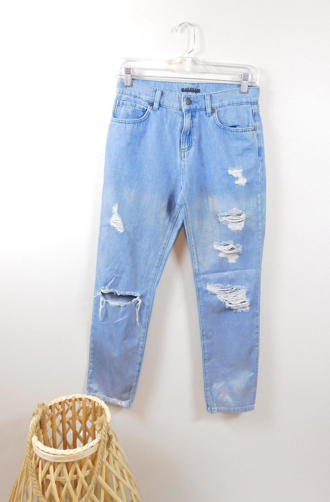 Vintage 00s Light Blue White Wash Ripped Colorful Glitter Sparkle ...