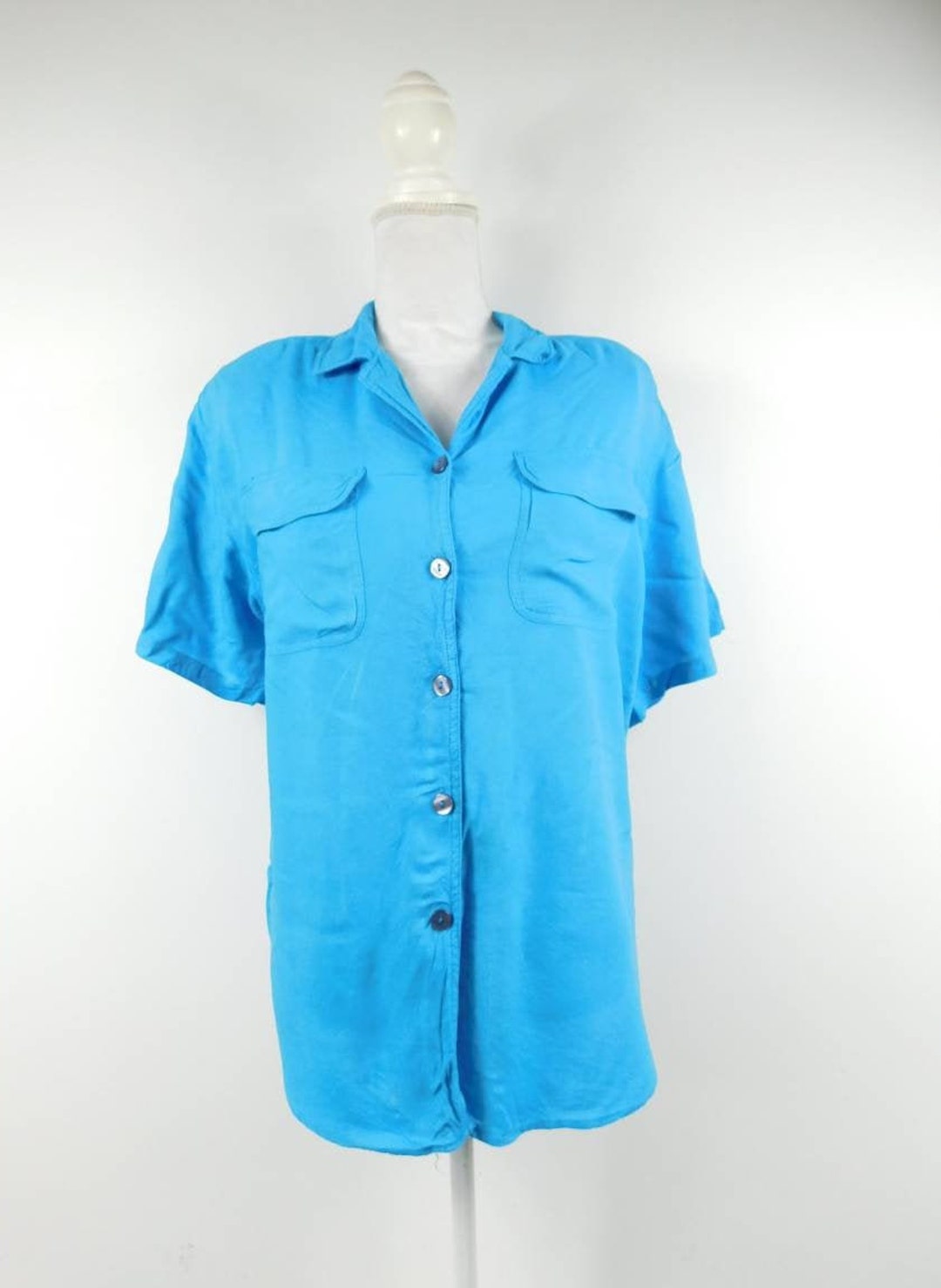 Vintage 90s Ashleigh Morgan Turquoise Blue Rayon Button Down Collared Pocket Short Sleeve ...
