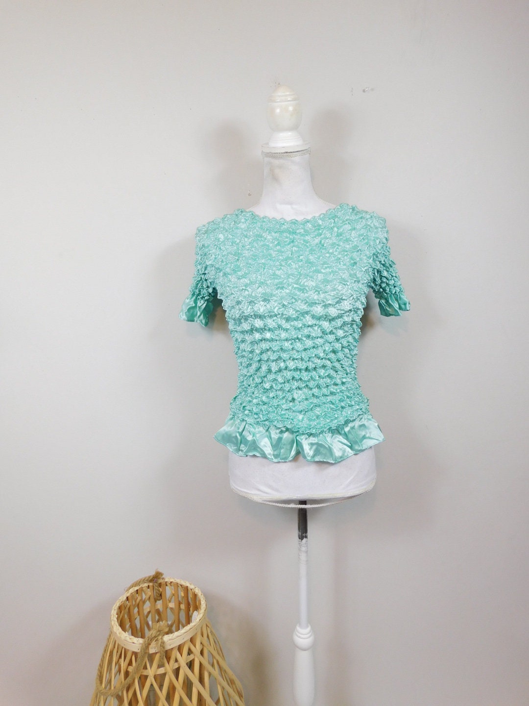 Vintage 90s Mint Green Popcorn Crinkle 3d Textured Shiny Stretch Solid ...