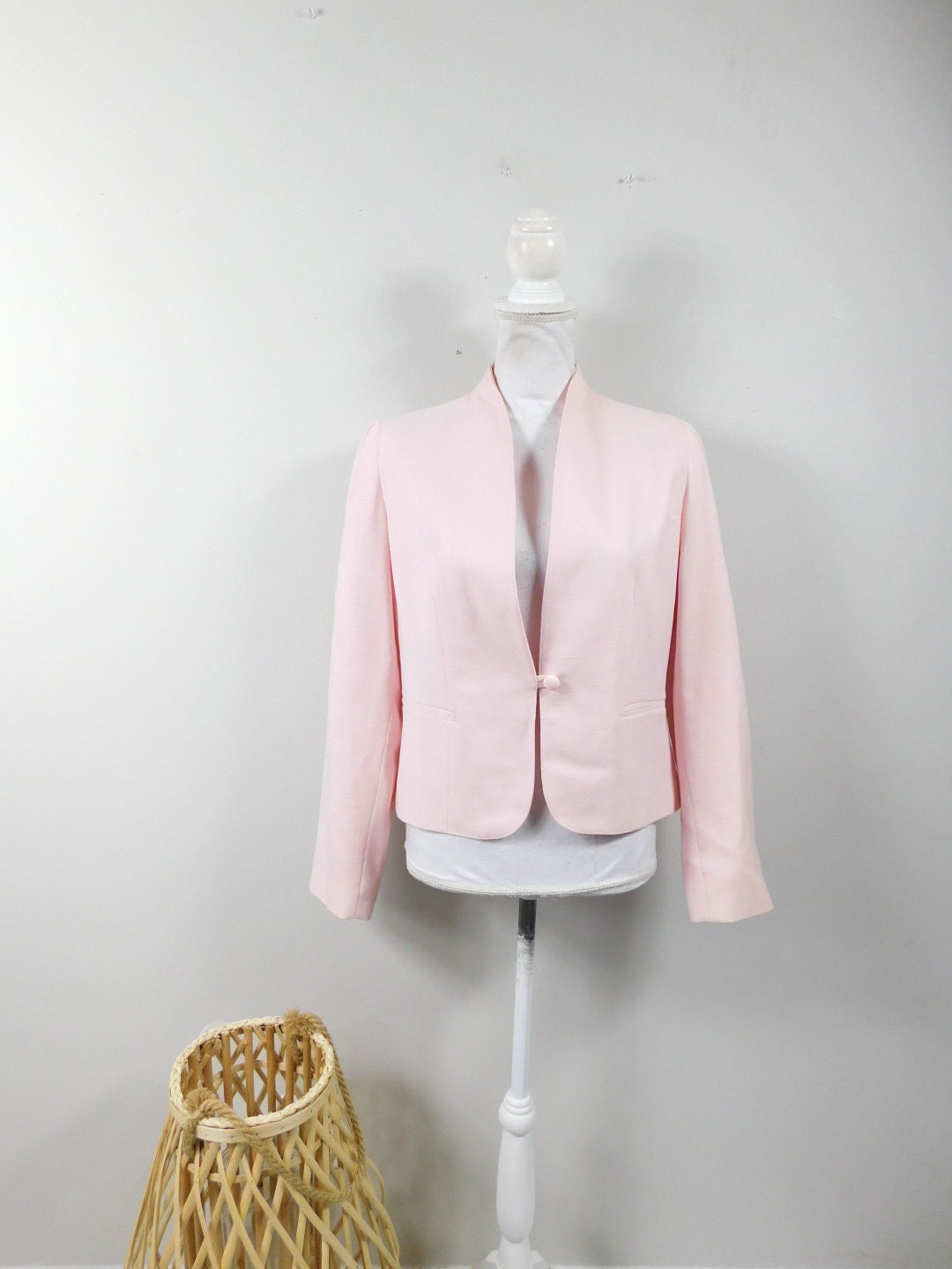 Vintage 90s Light Pink One Button Collarless Lined Fitted Long Sleeve ...