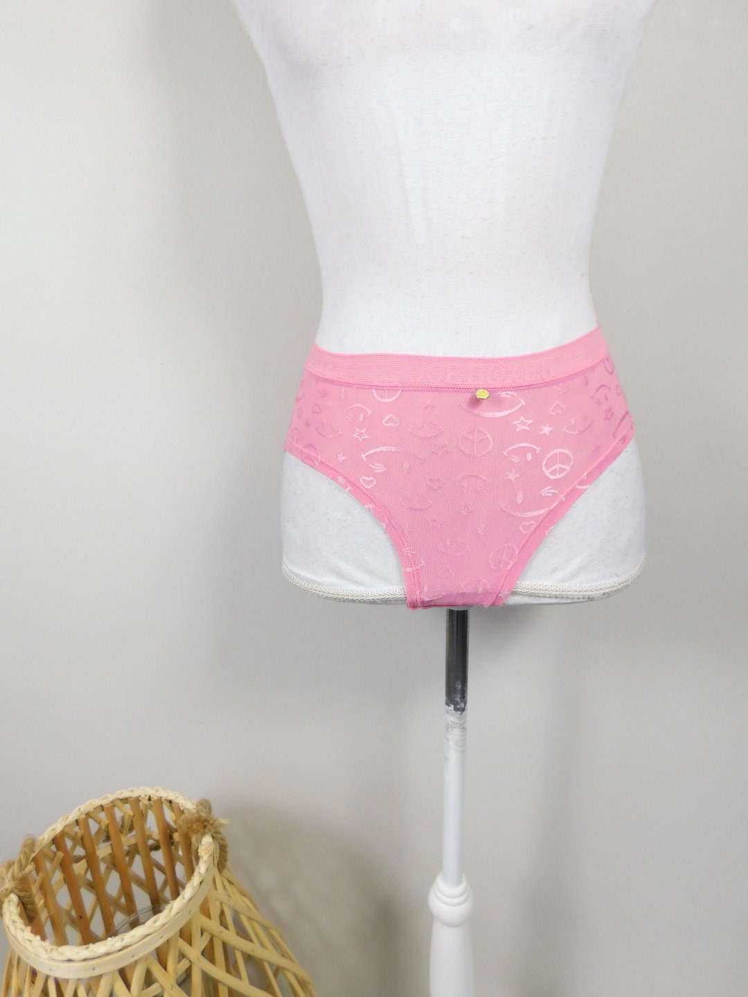 Vintage 90s Joe Boxer Bright Pink Sheer High Waist Smiley Face Peace ...