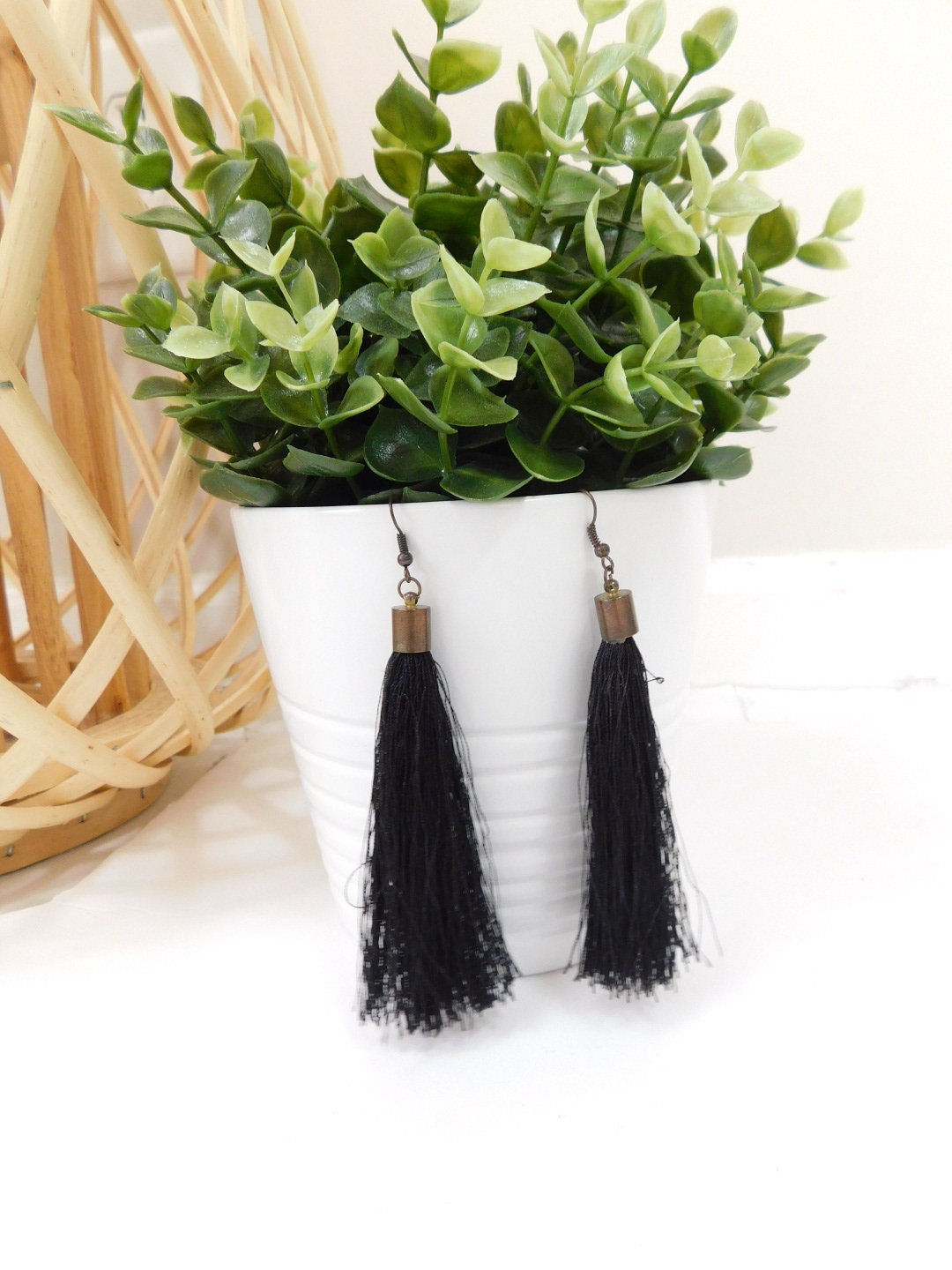 Vintage 00s Black Fringe Tassel Fan Gold Metal Weave Straw Long Dangle ...